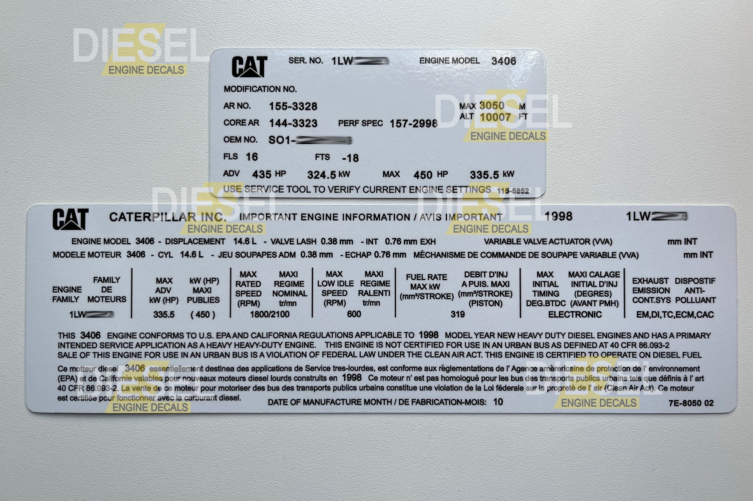 CAT 3406 1LW 14.6L Diesel Engine Valve Cover Sticker Decal 1998 CUSTOM ...