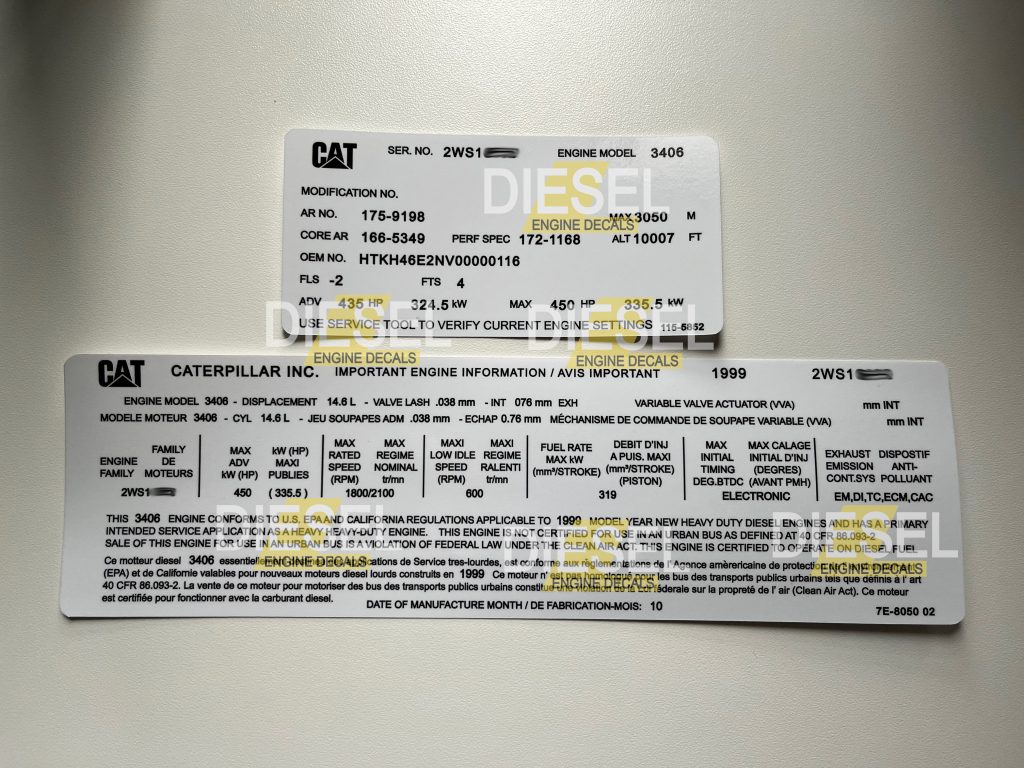 CAT 3406 2WS 14.6L Diesel Engine Valve Cover Sticker Decal 1999 CUSTOM ...