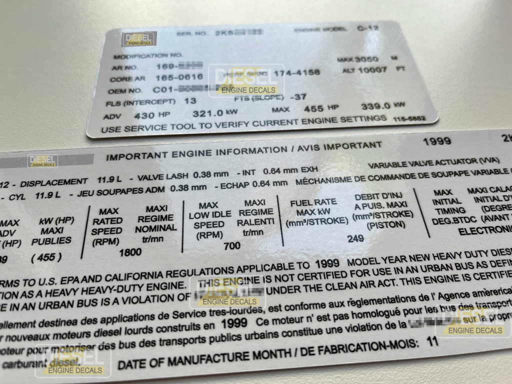 CAT C-12 2KS 11.9L Diesel Engine Valve Cover Sticker Decal 1999 CUSTOM ...