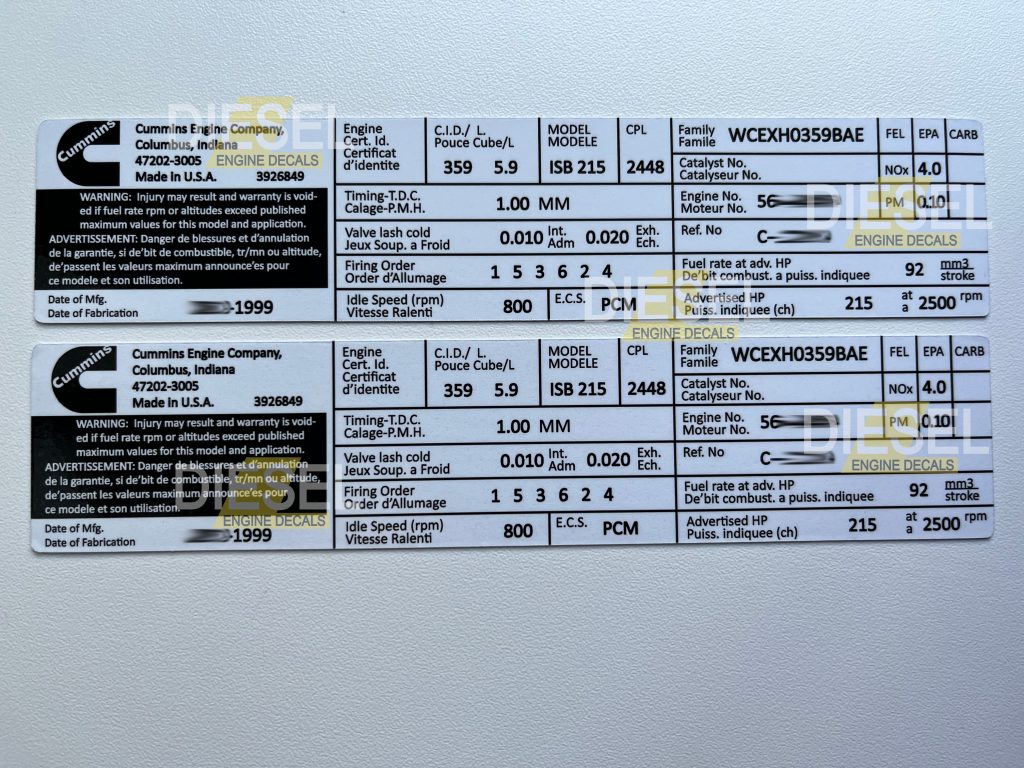 Cummins ISB 215 5.9L 24 Valve Engine Valve Cover Decal Sticker set 1998 ...