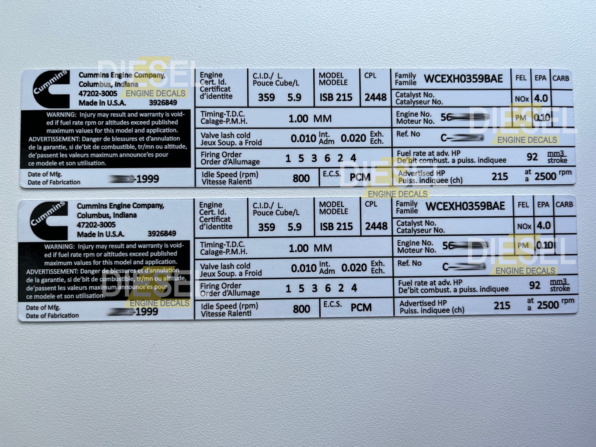 Cummins ISB 215 5.9L 24 Valve Engine Valve Cover Decal Sticker set 1998 ...