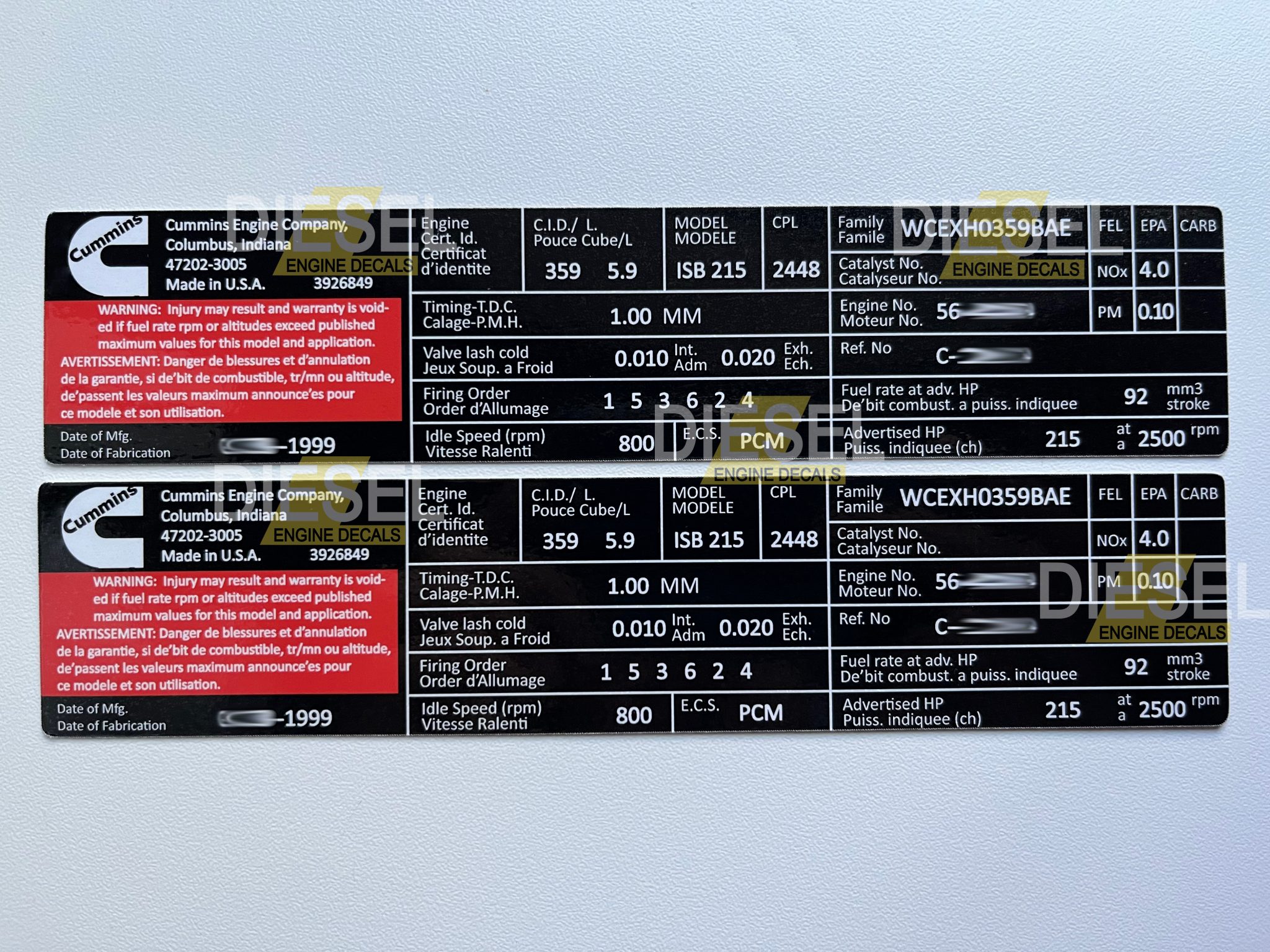 Cummins ISB 215 5.9L 24 Valve Engine Valve Cover Decal Sticker set 1998 ...