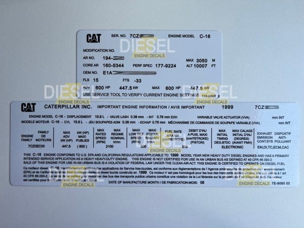 CAT C-16 7CZ 15.8L Diesel Engine Valve Cover Sticker Decal 1999 2000 ...