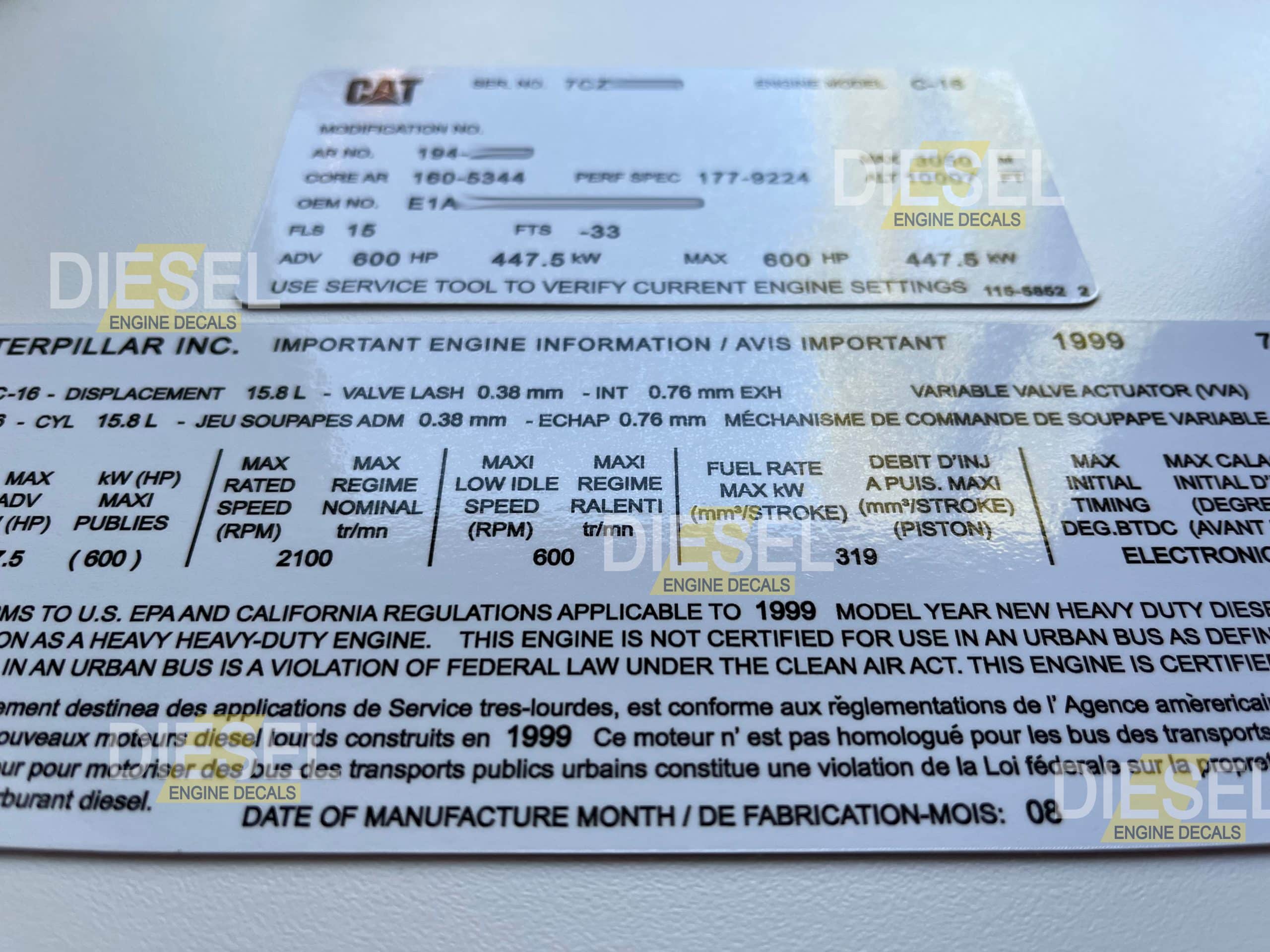 CAT C-16 7CZ 15.8L Diesel Engine Valve Cover Sticker Decal 1999 2000 ...