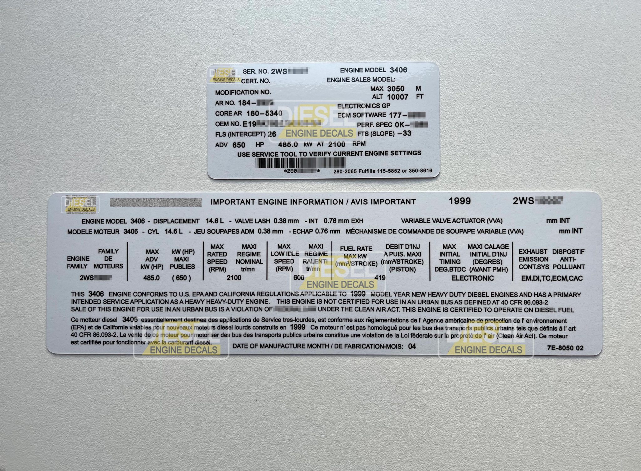 CAT 3406 2WS BARCODE 14.6L Diesel Engine Valve Cover Sticker Decal 1999 ...