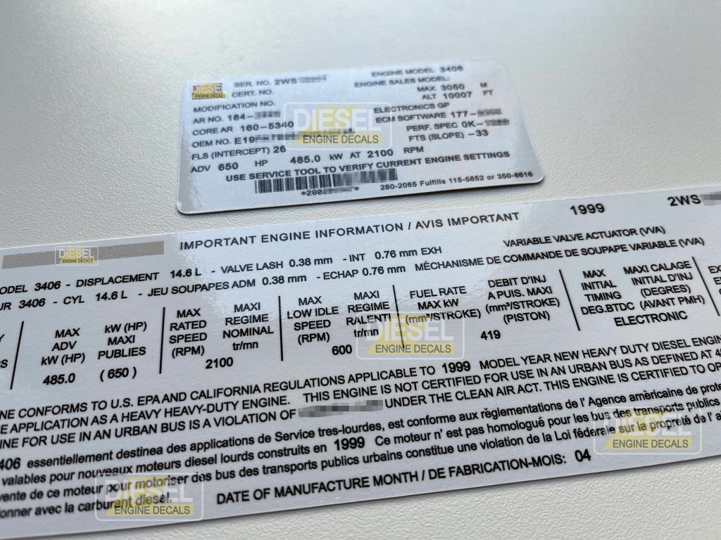CAT 3406 2WS BARCODE 14.6L Diesel Engine Valve Cover Sticker Decal 1999 ...