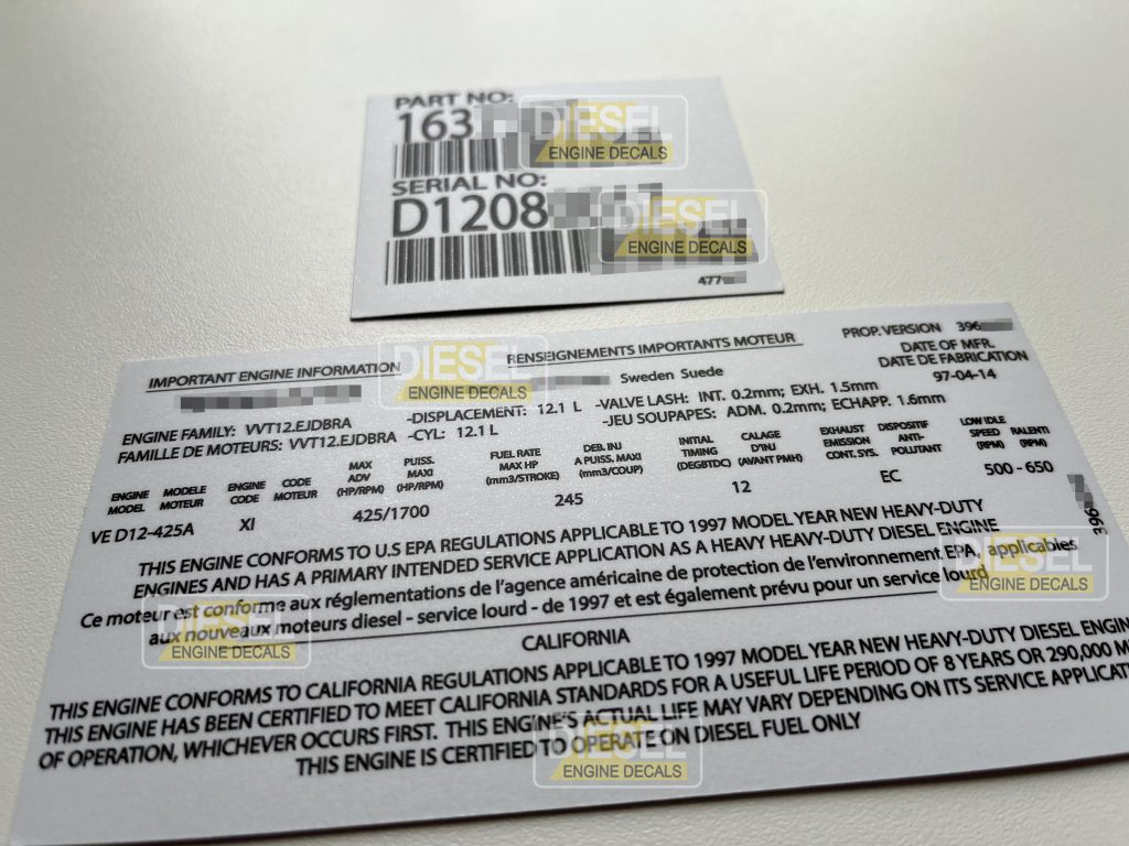 Volvo D12 12.1L Diesel Engine Valve Cover Sticker Decal 1997 CUSTOM ...